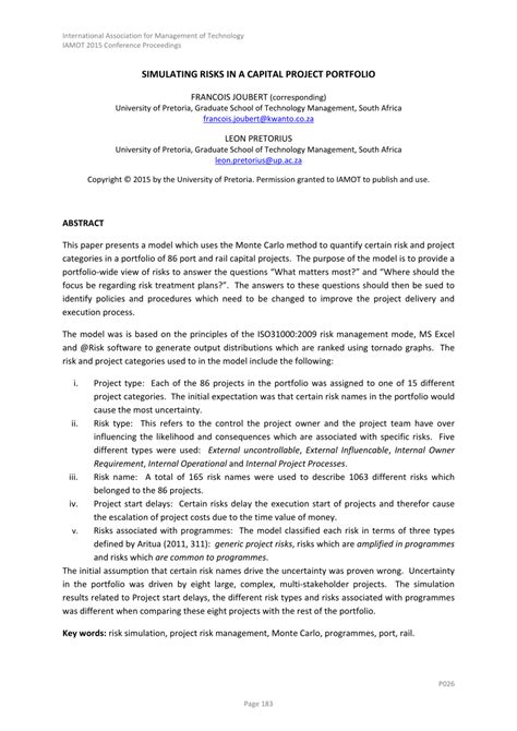 Pdf Simulating Risks In A Capital Project Portfolio
