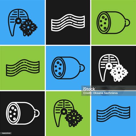 세트 라인 신선한 냉동 생선 스테이크 살라미 소시지 소시지 베이컨 줄무늬 아이콘 벡터 가공육에 대한 스톡 벡터 아트 및 기타 이미지 가공육 건강에 좋지 않은 음식