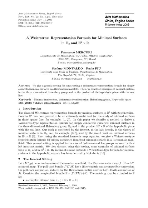 Pdf A Weierstrass Representation Formula For Minimal Surfaces In ℍ 3
