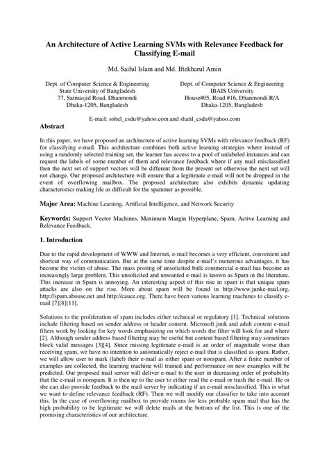 Pdf An Architecture Of Active Learning Svms With Relevance Feedback For Classifying E Mail