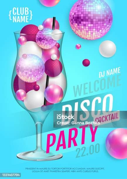 3d 추상구와 핑크 디스코 볼 칵테일 디스코 파티 포스터 벡터 일러스트레이션 미러볼에 대한 스톡 벡터 아트 및 기타 이미지