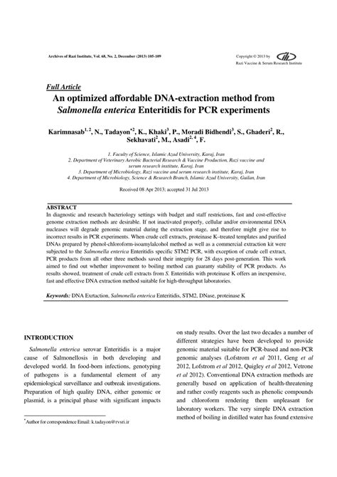 Pdf An Optimized Affordable Dna Extraction Method From Salmonella