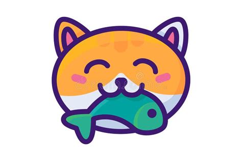 Small Cat Eating Fish Outline Stroked Icon Stock Vector Illustration