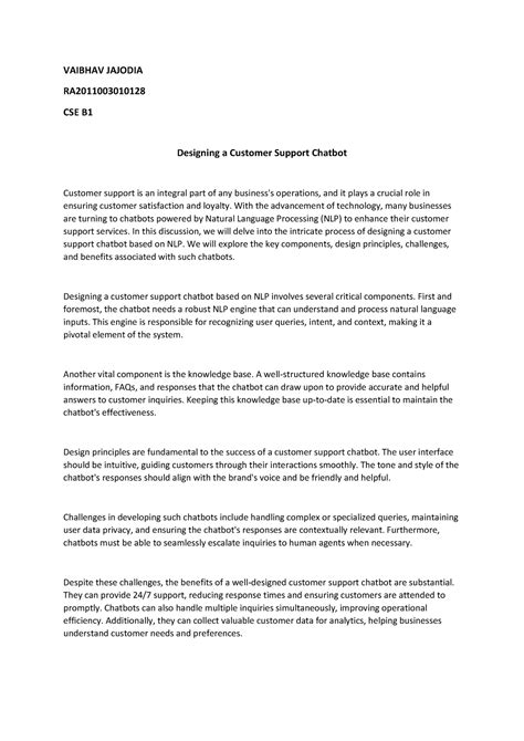 Nlp Assignment Vaibhav Jajodia Ra201100301012 8 Cse B Designing A Customer Support Chatbot
