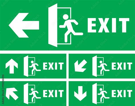 Emergency Exit Sign Set Running Man Icon To Door Green Color Arrow