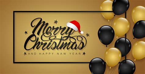 메리 크리스마스와 새해 복 많이 받으세요 배너 템플릿 타이포그래피 산타 모자 별 명성 및 풍선 장식 전단지 포스터 웹 배너 및
