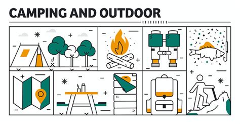 캠핑 및 야외 벡터 디자인 디자인은 편집 가능하며 색상을 변경할 수 있습니다 창의력 아이콘의 벡터 세트 캠프 텐트 침낭 나침반