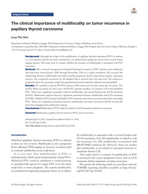Pdf The Clinical Importance Of Multifocality On Tumor Recurrence In Papillary Thyroid Carcinoma