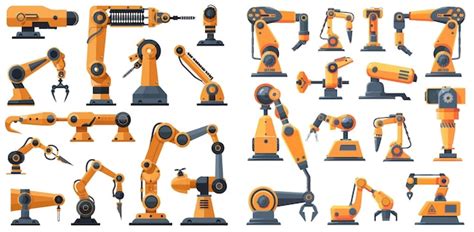factory assembly robots conveyor isolated flat design vector set