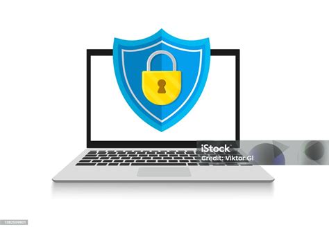 랩톱의 개념 데이터 보호 컴퓨터에 잠금이 있는 쉴드 인터넷 보안 기밀 데이터 랩톱을 보호합니다 벡터 일러스트레이션 0명에 대한 스톡 벡터 아트 및 기타 이미지 Istock