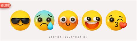 Set Icon Smile Emoji Realistic Yellow Glossy 3d Emotions Face Cool