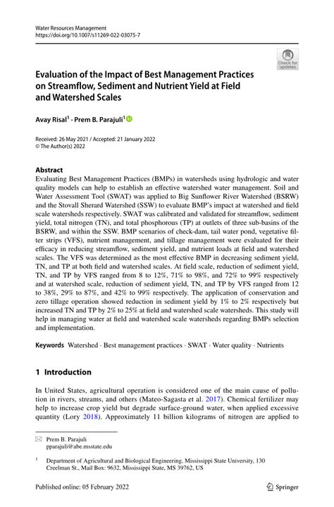 Pdf Evaluation Of The Impact Of Best Management Practices On
