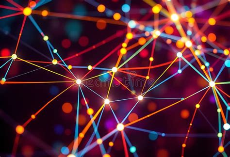Colorful Network Nodes Illuminated Lines Dark Background Abstract Design Stock Illustration