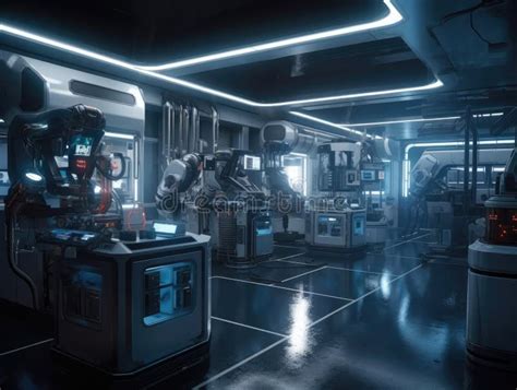 Ai Robots Conduct Futuristic Scientific Experiments Stock Illustration