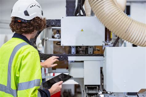 Young Worker Control Operate Wood Cutter Cnc Machine In Furniture Factory Industry With Safety