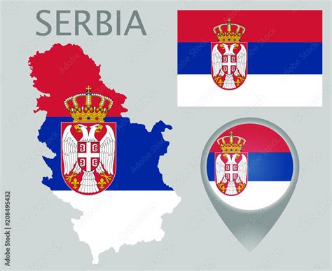 Colorful Flag Map Pointer And Map Of Serbia In The Colors Of The