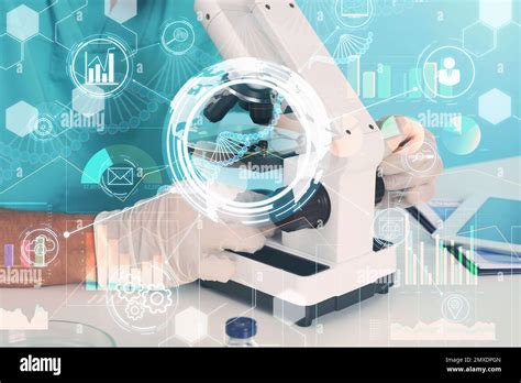 double exposure of doctor working with microscope and machine learning