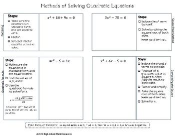 Methods For Solving Quadratic Equations By High School Math Resources
