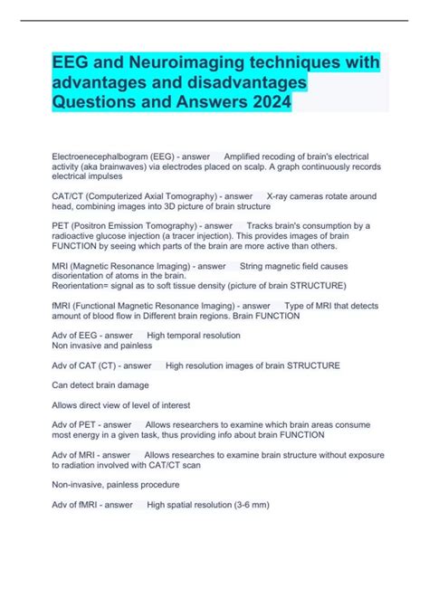 Eeg And Neuroimaging Techniques With Advantages And Disadvantages Questions And Answers 2024