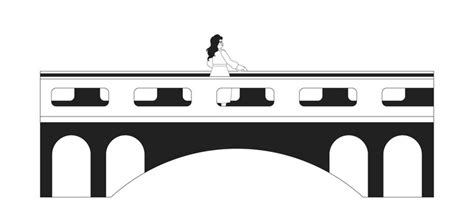 다리 위에 서 있는 꿈꾸는 여성 흑백 만화 평평한 일러스트레이션 머리카락을 흔들고 있는 여성 편안한 선형 2d 캐릭터 고립된