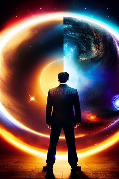 Ai Generated Man In Black Suit Looking At Planets Colliding Stock