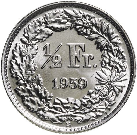 Монета Швейцария 1/2 франка 1959 стоимостью 750 руб.