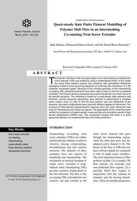 Pdf Quasi Steady State Finite Element Modelling Of Polymer Melt Flow