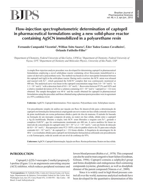 Pdf Flow Injection Spectrophotometric Determination Of Captopril In