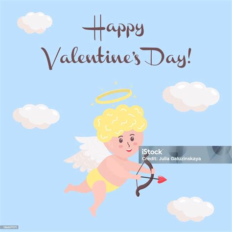 하트 화살표 활과 후광 귀여운 큐피드 아기 천사 날개가 달린 케루브 캐릭터가 구름 사이를 날아다니다 가공의 인물에 대한 스톡 벡터 아트 및 기타 이미지 Istock