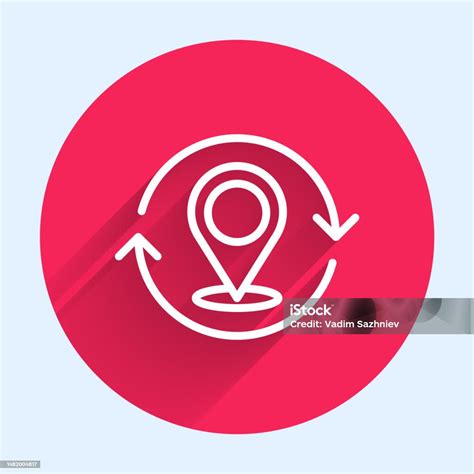긴 그림자 배경으로 격리된 흰색 선 지도 핀 아이콘입니다 탐색 포인터 위치 지도 Gps 방향 검색 개념 빨간색 원 버튼 벡터 검색에 대한 스톡 벡터 아트 및 기타 이미지