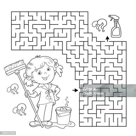 미로 또는 미로 게임 수수께끼 걸레와 양동이만화 소녀의 색칠 페이지 개요 가사 및 청소 아이들을위한 색칠 공부 가사 집안일에 대한 스톡 벡터 아트 및 기타 이미지 Istock
