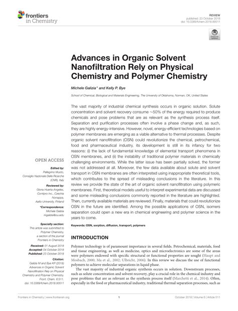 PDF Advances In Organic Solvent Nanofiltration Rely On Physical Chemistry And Polymer Chemistry