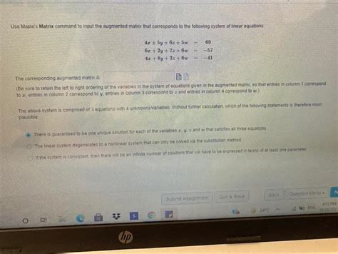 solved use maple s matrix command to input the augmented