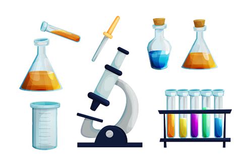버너가 있는 유리 플라스크 액체 비커 흰색 배경에 고립된 만화 스타일의 유리 드롭퍼 화학 연구가 있는 실험실 세트 연금술 연구 실험실 장비 개념에 대한 스톡 벡터 아트 및