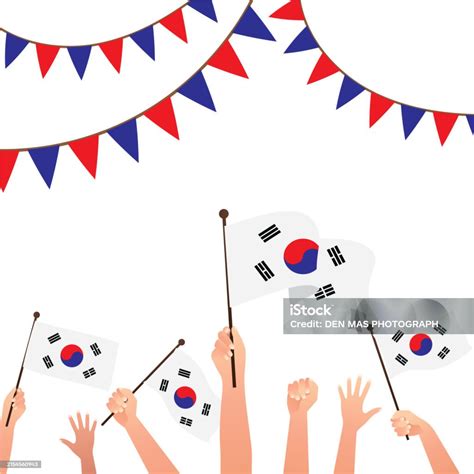 벡터 평면 디자인 일러스트 손 잡고 대한민국 독립 기념일의 국기를 흔들고 흰색 배경에 애국 개념 개념에 대한 스톡 벡터 아트 및 기타 이미지 Istock