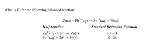 solved what is e∘ for the following balanced reaction
