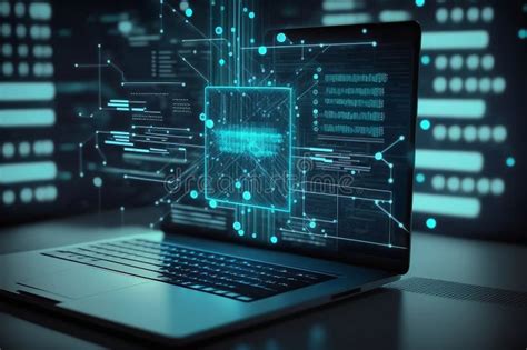 Abstract Laptop Coding Communication With High Tech Background Stock
