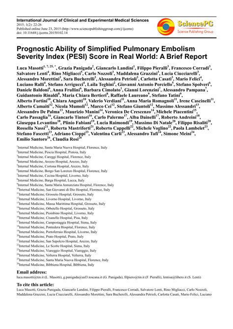 Pdf Prognostic Ability Of Simplified Pulmonary Embolism Severity Index Pesi Score In Real