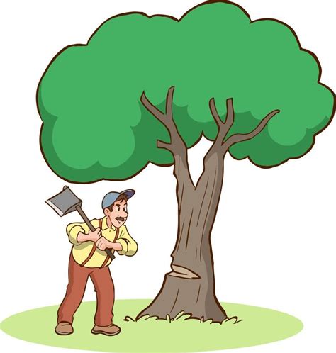 The Man Who Cut The Tree And The Forest Guard Who Warned Him Cartoon Vector Cartoon Trees