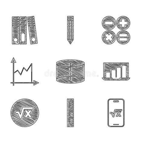 Set Geometric Figure Cylinder Ruler Square Root Of X Glyph Laptop With Graph Chart Graph