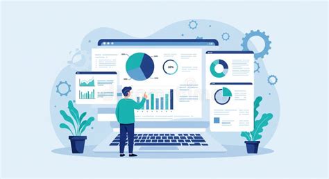 A Digital Illustration Showing A Person Analyzing Data On A Large
