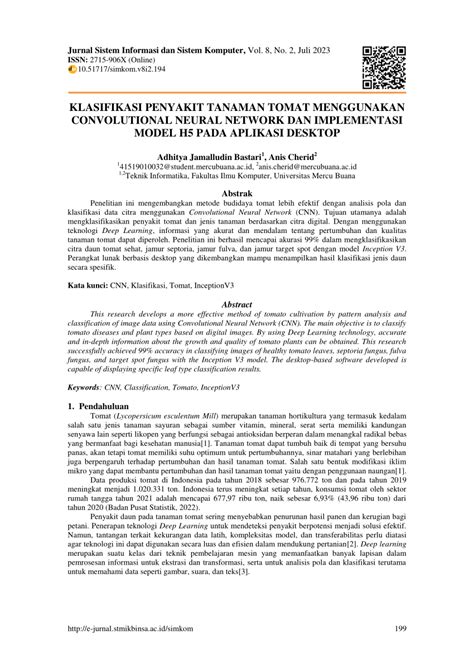 Pdf Klasifikasi Penyakit Tanaman Tomat Menggunakan Convolutional Neural Network Dan