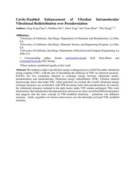 Pdf Cavity Enabled Enhancement Of Ultrafast Intramolecular Vibrational Redistribution Over