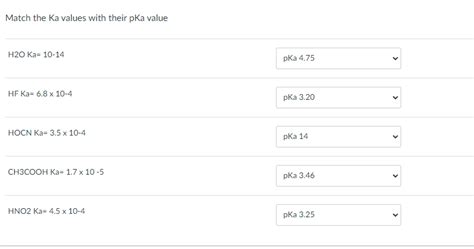 solved match the ka values with their pka value h2oka 10−14