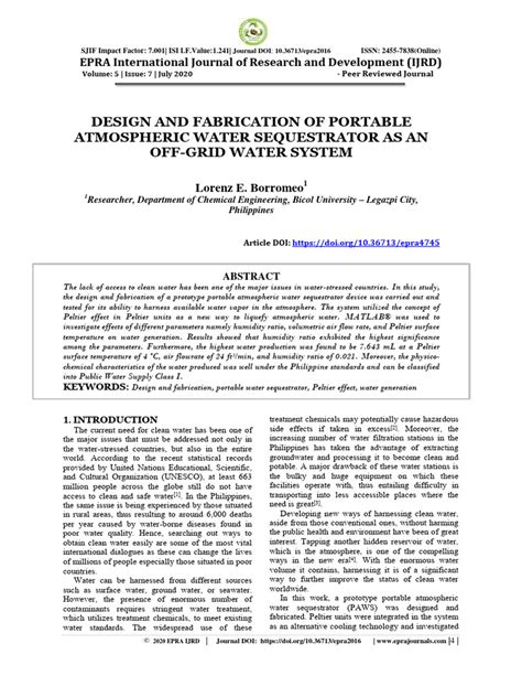 design and fabrication of portable atmospheric water sequestrator pdf
