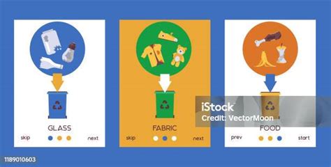 카드의 쓰레기 세트 포스터 벡터 일러스트를 정렬합니다 다른 분류 휴지통 재활용에 적합한 폐기물 유리 직물 음식 쓰레기 폐기물