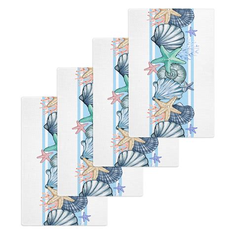Blue Coastal Hand Towels Set Waffle Weave Kitchen Towels 4 Pieces