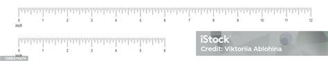 숫자로 6 및 12 인치 또는 1 피트 눈금자 스케일 마크업이 있는 수평 측정 차트 거리 높이 또는 길이 측정 수학 또는 바느질