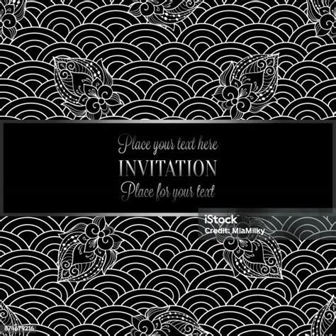 벡터 기하학 물고기 규모 레이아웃 추상 물결 초대 카드입니다 검은 배경에 트레이 하 서 화이트 리 팬 양식된 파도 모양 물고기 비늘 장식 꽃 규모에 대한 스톡 벡터 아트 및