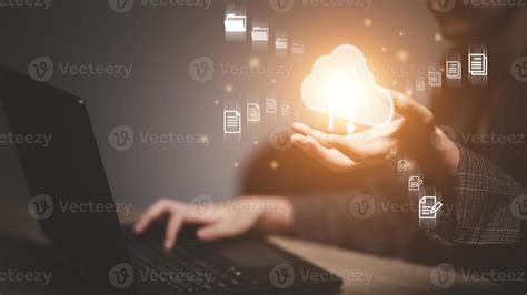 Woman Use Laptop With Cloud Computing Diagram Show On Hand Cloud Technology Data Storage